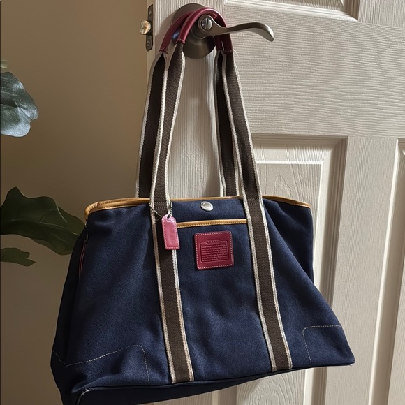 Coach | Bags | Coach Navy Tote With Red And Tan Details | Poshmark